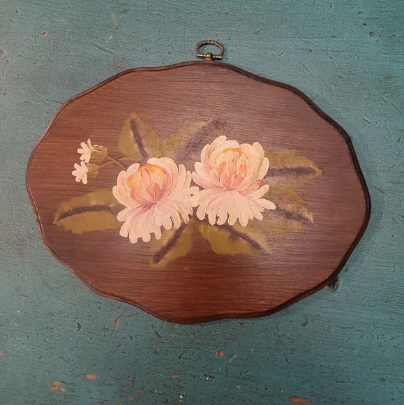 Accents | Vintage Handpainted Wood Art Cjk 1977 Acrylic Paint Floral ...